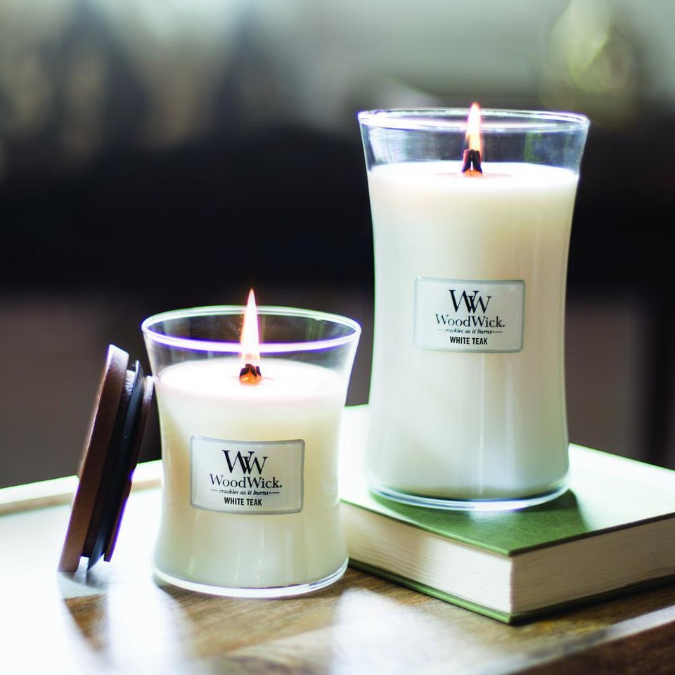 WoodWick Medium Hourglass Candle White Teak sophisticated complex scent ...