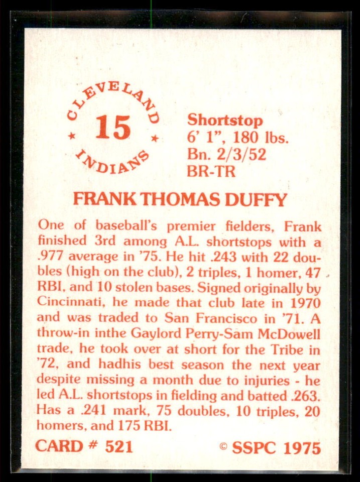 1976 SSPC Frank Duffy #521 Cleveland Indians | eBay