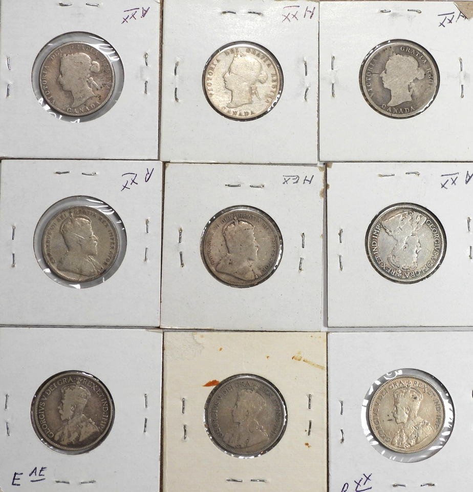 9 Canada Silver 25 Cents, 2-1874,90,2-1907,12,13,14,15 ,- .1725ASW each ...