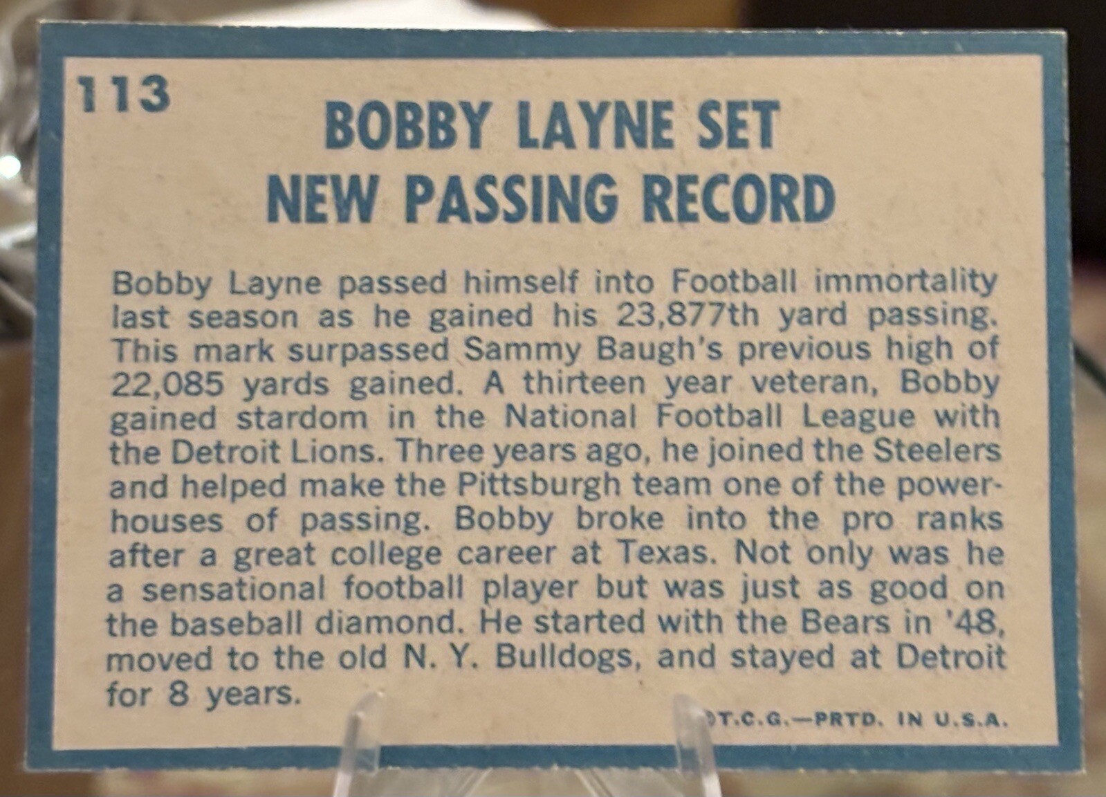 Bobby Layne 1961 Topps Football IN ACTION Passing Record Card #113 ...