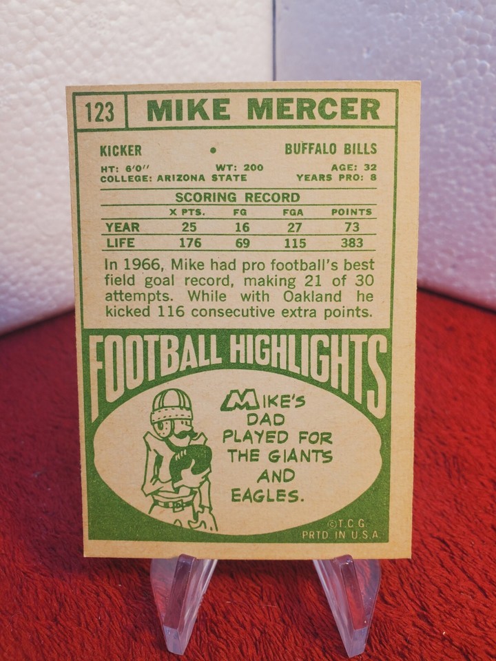 1968 Topps NFL Mike Mercer #123 Buffalo Bills | eBay