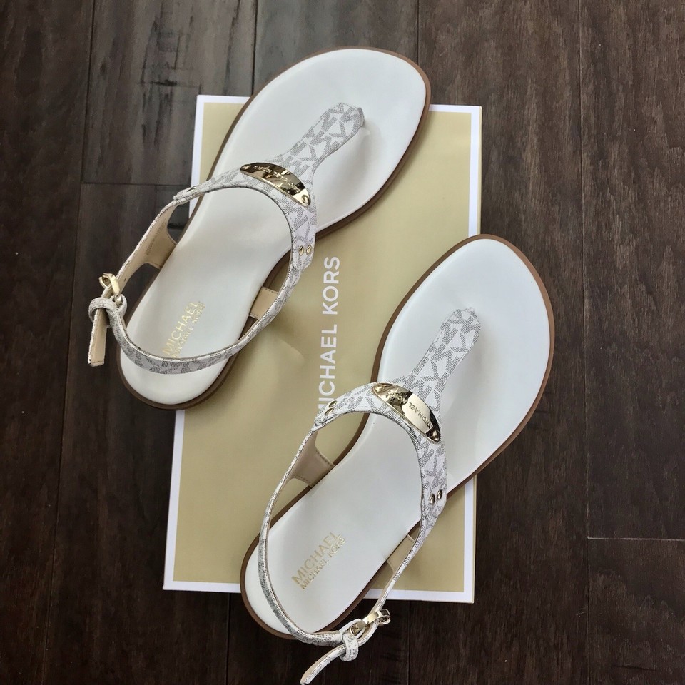 Michael Kors Women's MK Plate Logo Thong Flat Sandal - Vanilla - Canvas ...