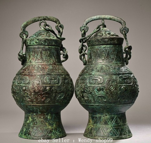 10" Old Shang Dynasty Bronze Ware Portable Dragon Beast Head Jar Pot ...