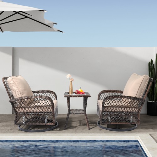 3 Piece Outdoor Patio Furniture Set Rattan Swivel Rocking Chairs Glass ...