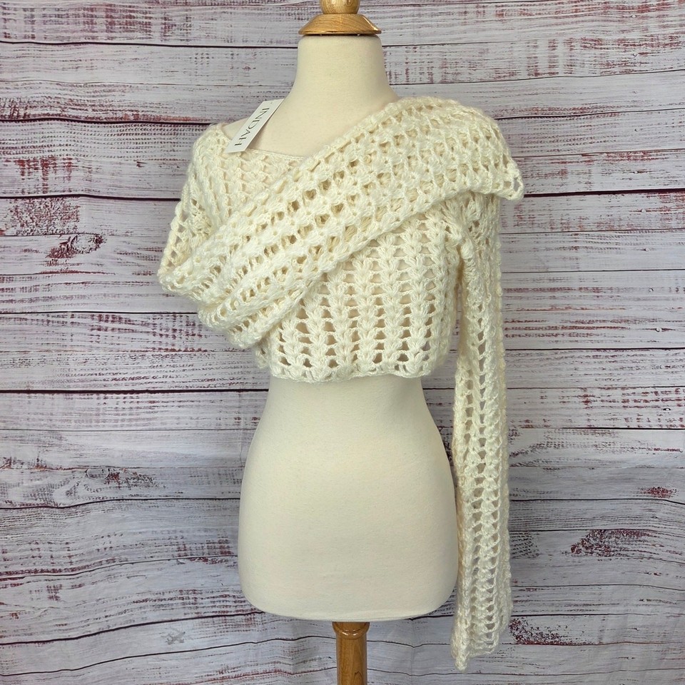 INDAH Cream Crochet Mesh Crop Top XS Y2K Long Flare Sleeve Fish Net ...