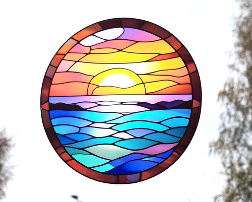 Sunset Sea Stained glass Effect Static cling window Sticker colourful ...
