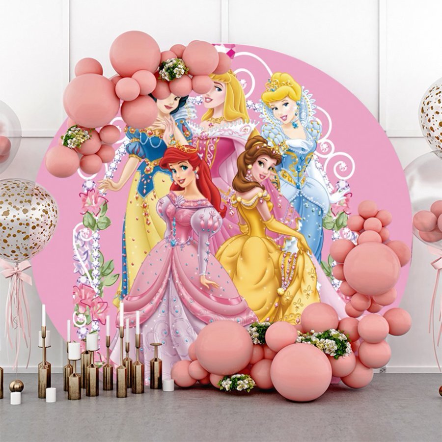 Round Backdrop Cover Cartoon Princesses Birthday Party Photo Background ...
