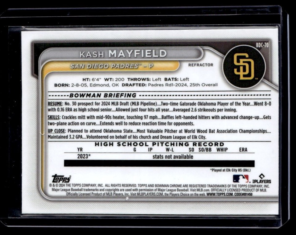 2024 Bowman Draft Chrome Refractor Kash Mayfield San Diego Padres #BDC ...