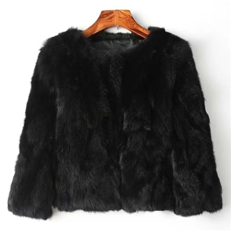 Women's Real Rabbit Fur Jacket Crew Neck Thick Coat 3/4 Sleeves Short ...