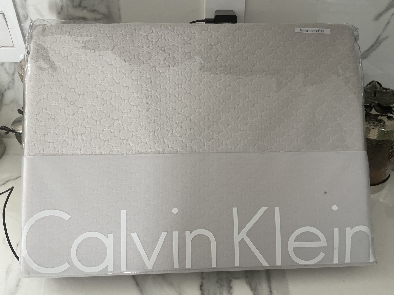 Calvin Klein Oval Bands Blanca Opal light Grey King Coverlet. Brand New ...