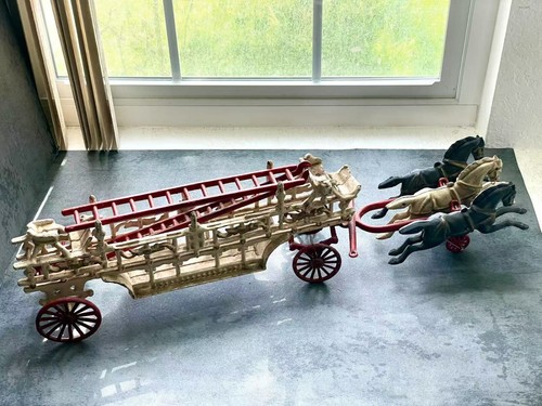 VTG Huge 29" Heavy Cast Iron Horse Drawn Fire Ladder Truck 3 Horses 2 ...