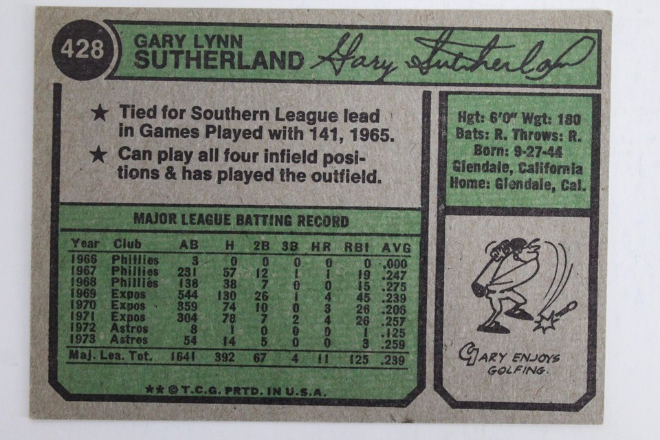 GARY SUTHERLAND Houston Astros Expos AUTOGRAPH 1974 TOPPS #428 Signed ...