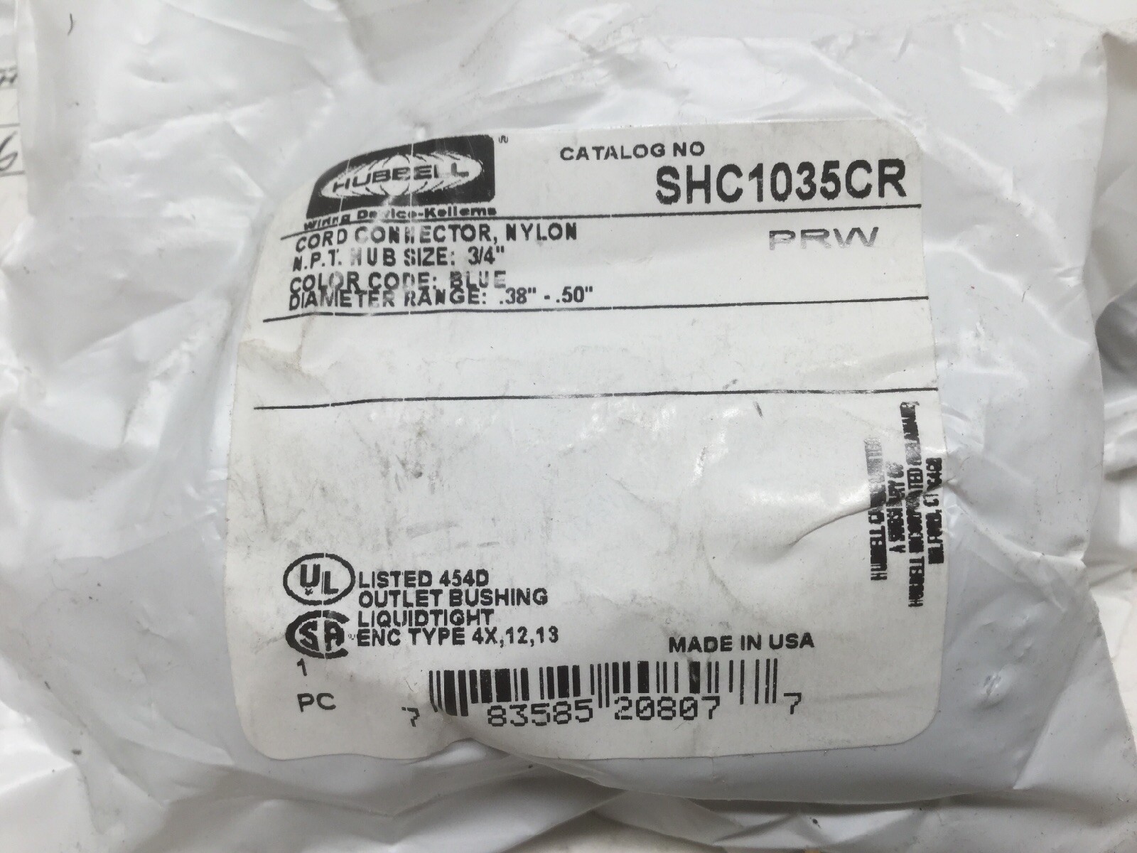 HUBBELL SHC1036CR Liquid Tight Cord Connector, 0.38" to 0.50" Cord Dia ...