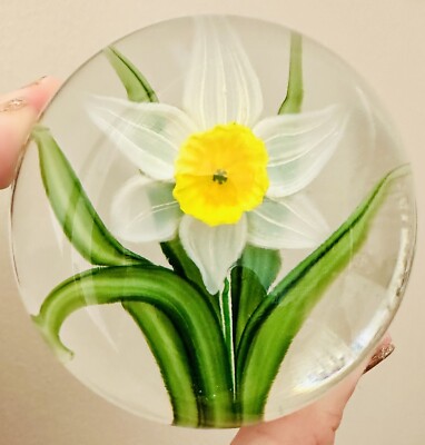 Signed Steven Lundberg Art Glass Ethereal DAFFODIL Lampwork Paperweight ...