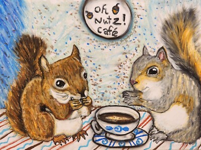 SQUIRRELS drinking Coffee Art Print 8.5 x 11 Signed Artist KSams Wildlife | eBay