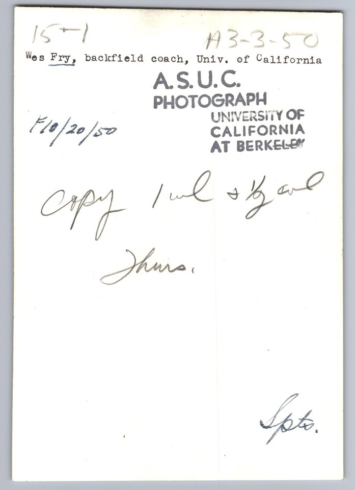 1950 WES WESLEY FRY UC CAL BERKELEY GOLDEN BEARS COACH FOOTBALL Press ...