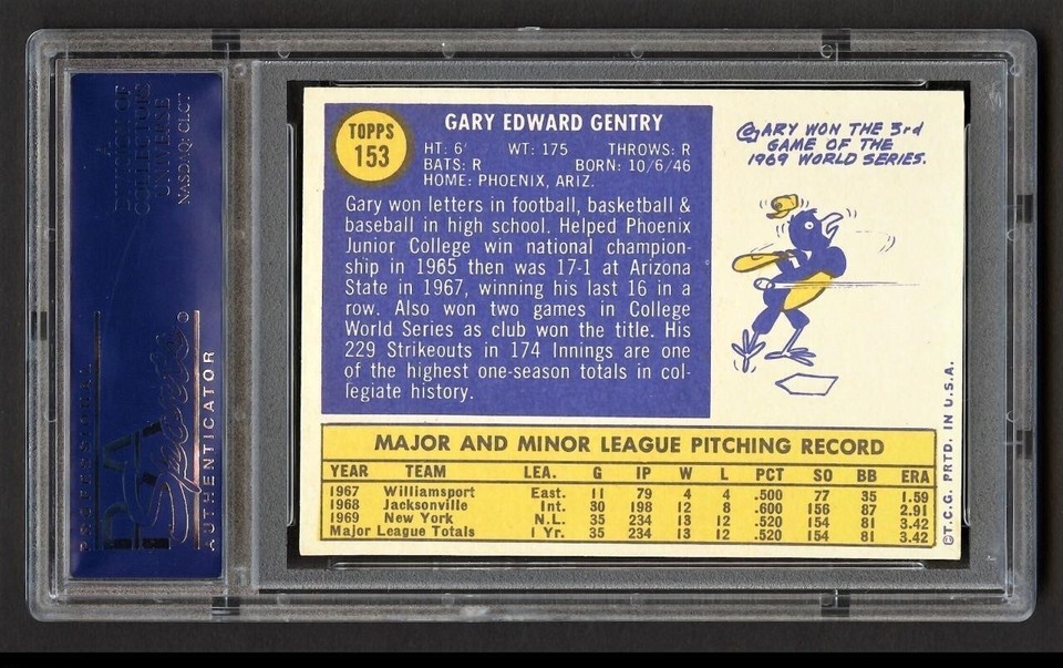 GARY GENTRY 1970 TOPPS BASEBALL CARD 153 GRADED PSA 8 NEW YORK MET 1969 ...