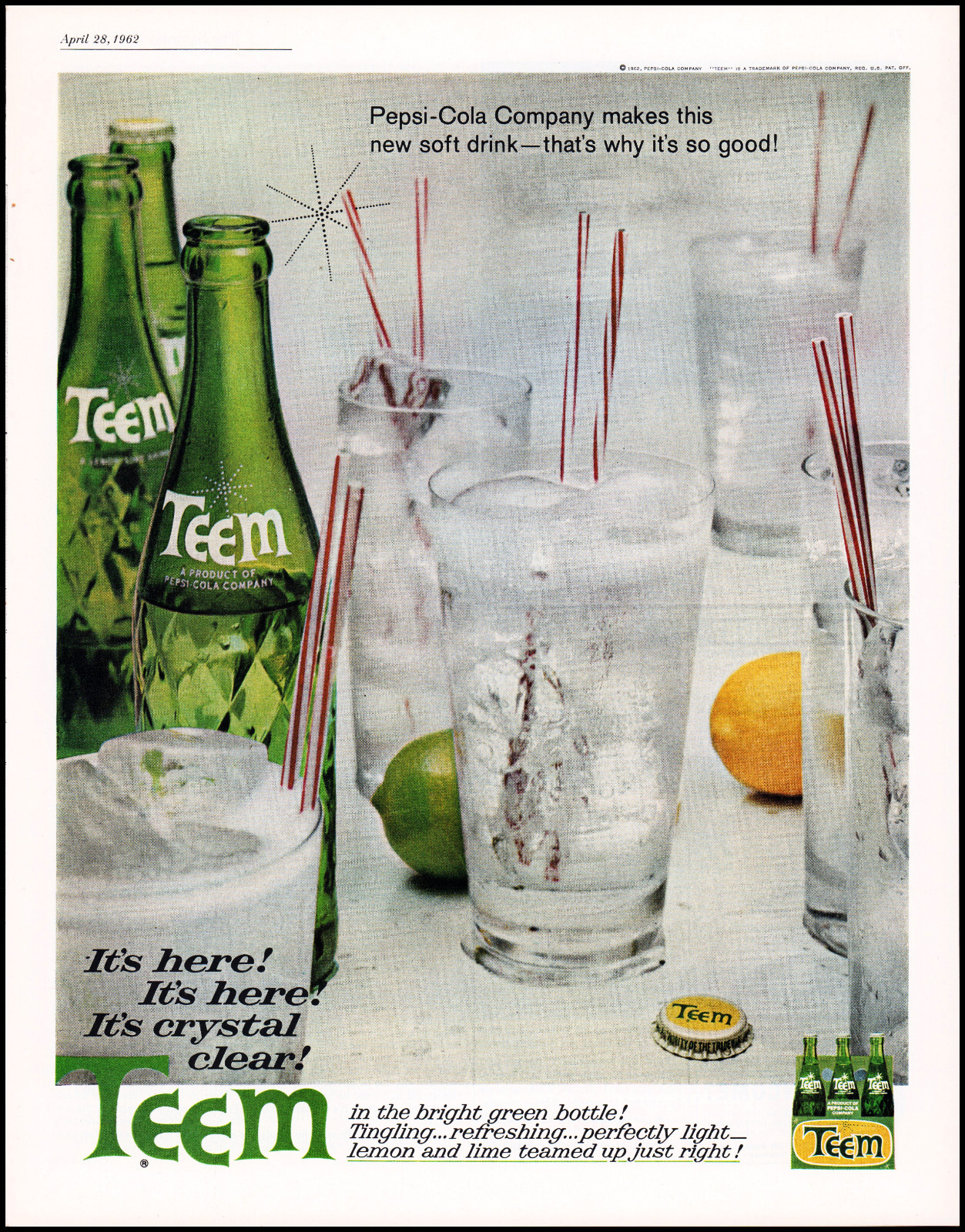 1962 TEEM Cola new soft drink from Pepsi Cola Co. retro photo print ad ...