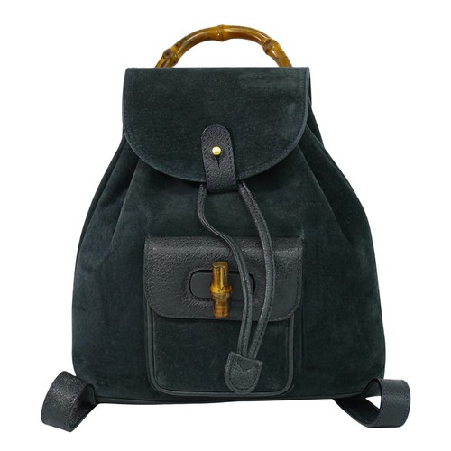 Gucci Vintage Bamboo Backpack Suede Navy Suede Backpack Bag Authentic ...