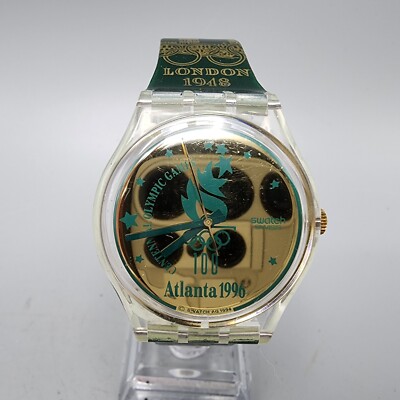 Swatch 1996 Atlanta Olympics Watch Men Clear Case Gold Dial 34mm Round ...