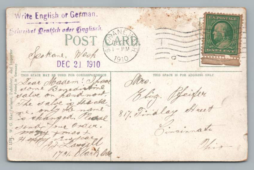 German-American Immigrant Postcard~Spokane to Cincinnati~Antique ...