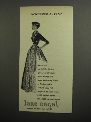 1952 Jane Engel Hostess Gown Ad - Exclusive - our holiday hostess gown ...