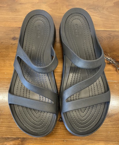 Crocs Swiftwater Sandals Women 8 All Black Strappy Slip On Slides ...