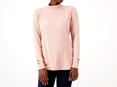 Denim & Co. Rib Knit Mock Neck Long Sleeve Top, Button Cuff Denim & Co. Rib Knit Mock Neck Long Sleeve Top, Button Cuff