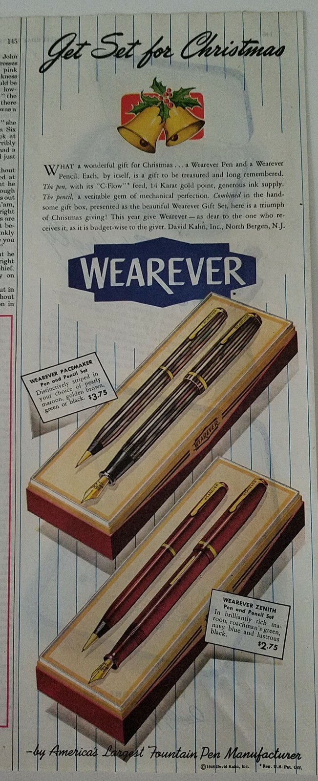 1946 maroon brown Wearever Pacemaker fountain pen pencil set vintage ad ...