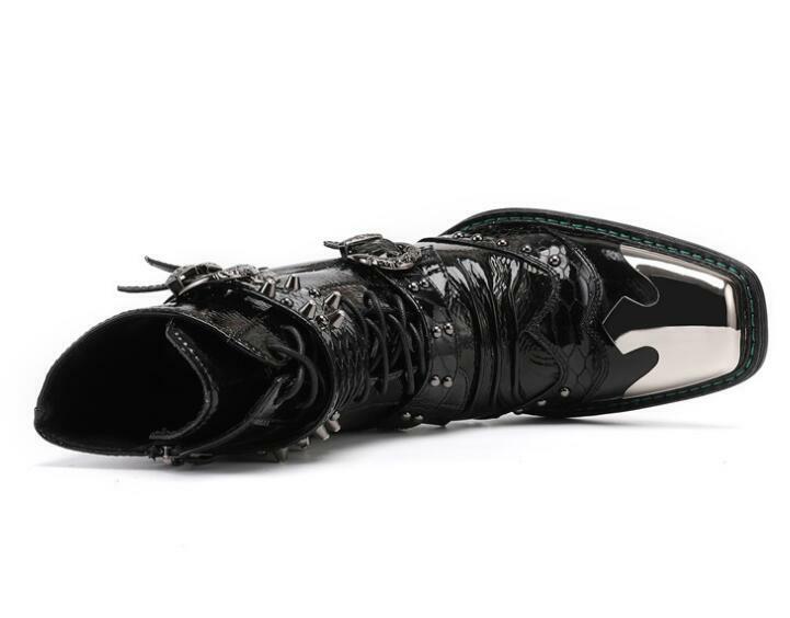 Men's Fashion Punk Rock Square Toe Buckle Strap Lace Up Leather Ankle ...