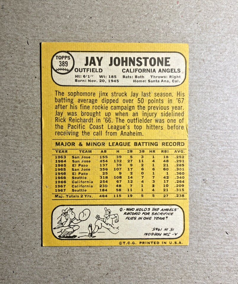 1968 Topps #389 Jay Johnstone Angels Vintage Baseball Card! EX | eBay