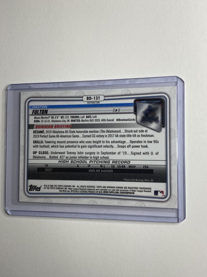 Daxton Fulton 2020 Bowman Draft Chrome 1st Refractor #BD131 Miami ...