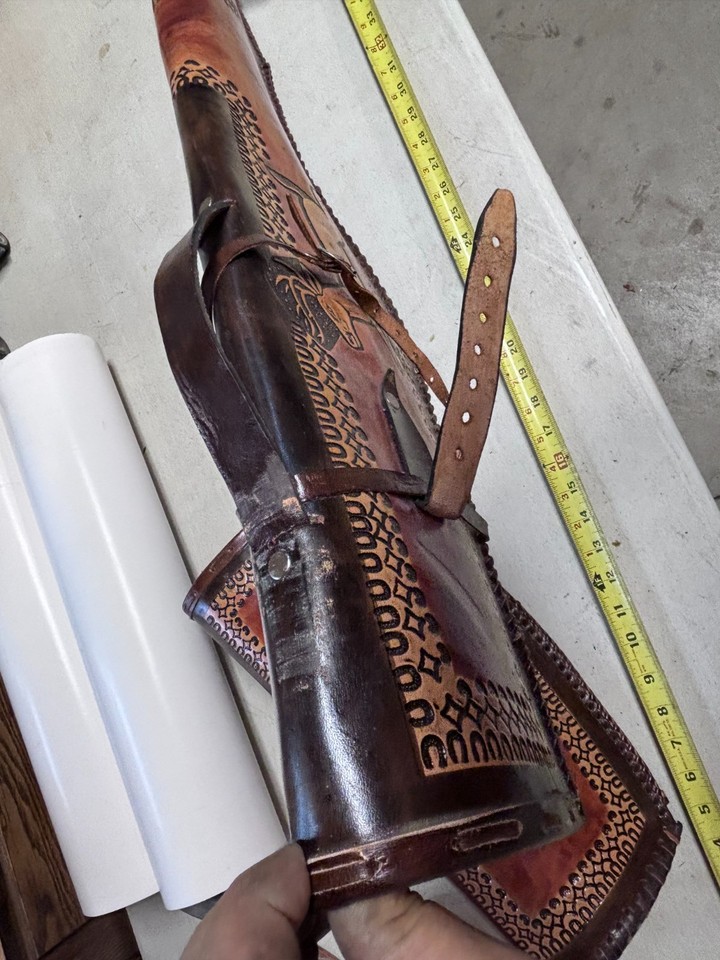Vintage deer BUCK 46” Shotgun Case Brown Leather Hand Tooled Gun Rifle ...
