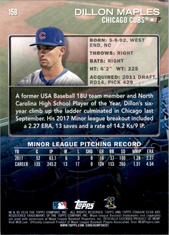 2018 Stadium Club Baseball Card Dillon Maples RC #158 125939 | eBay