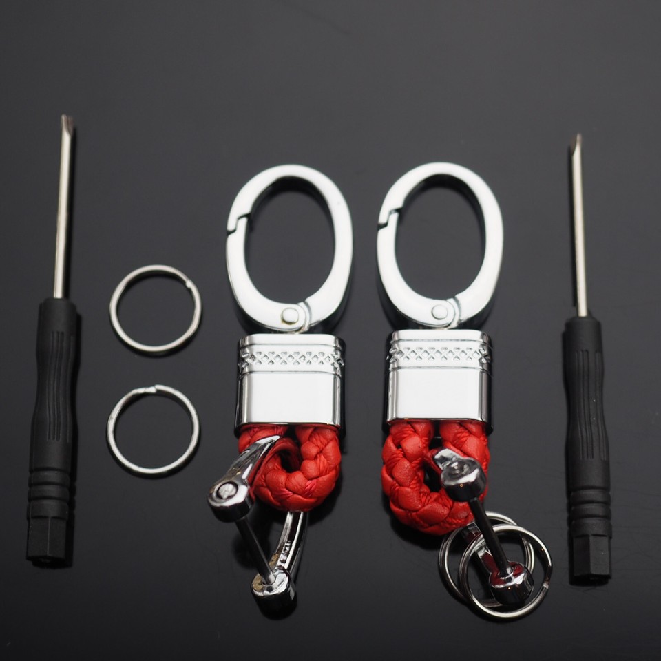 2pcs Red & Silver Woven Leather Fob D-Ring Keychain Key Split Rings ...