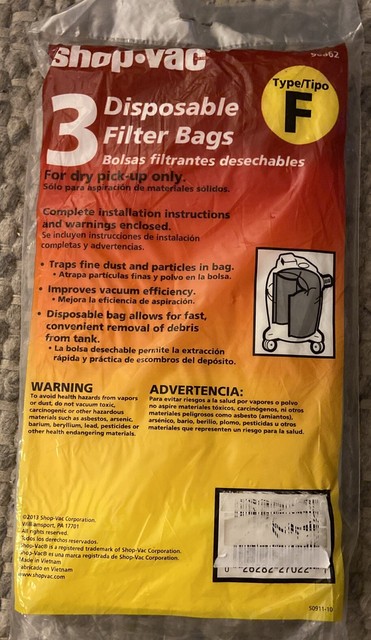 Shop-Vac 90662 Disposable Filter Bags Type F 10-14 Gallons 3ct for sale ...