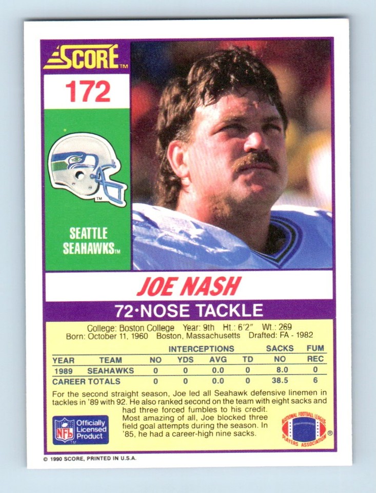 1990 Score Joe Nash Seattle Seahawks #172 | eBay