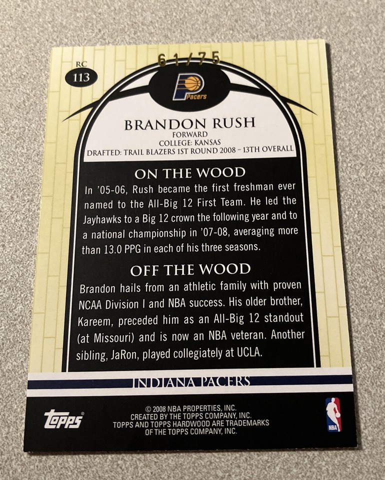 2008-09 Topps Hardwood Rookie #113 Brandon Rush Pacers /75 | eBay