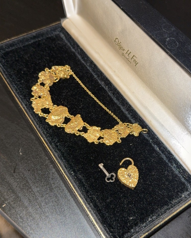 Antique 18K Gold Nugget Link Bracelet Dawson 1905 Lock & Key Clasp 27.9 ...