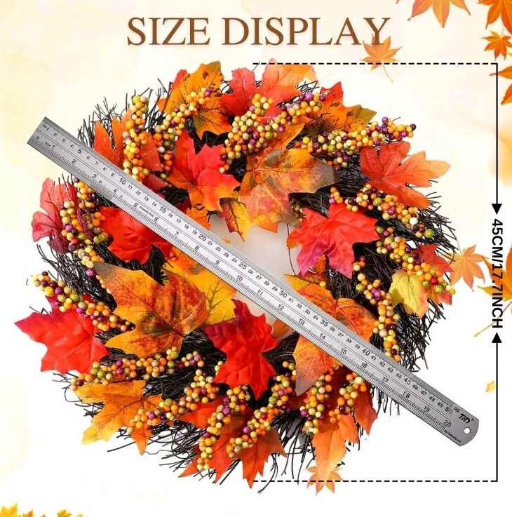 17.5" Fall Wreath, Centerpiece Yellow & Red Leaves, Berries, Maple ...
