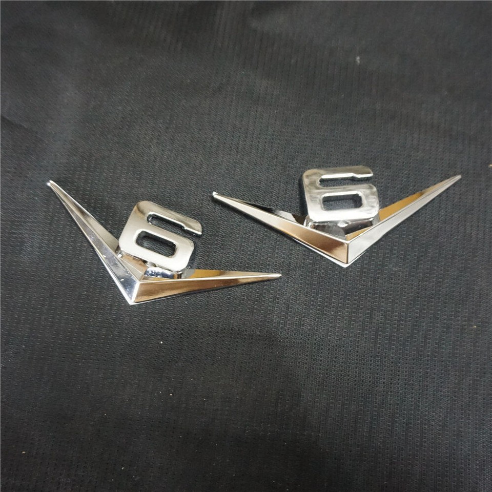 2x V6 Silver Chrome Metal Decal Sticker Emblem Badge Racing Premium 3D ...
