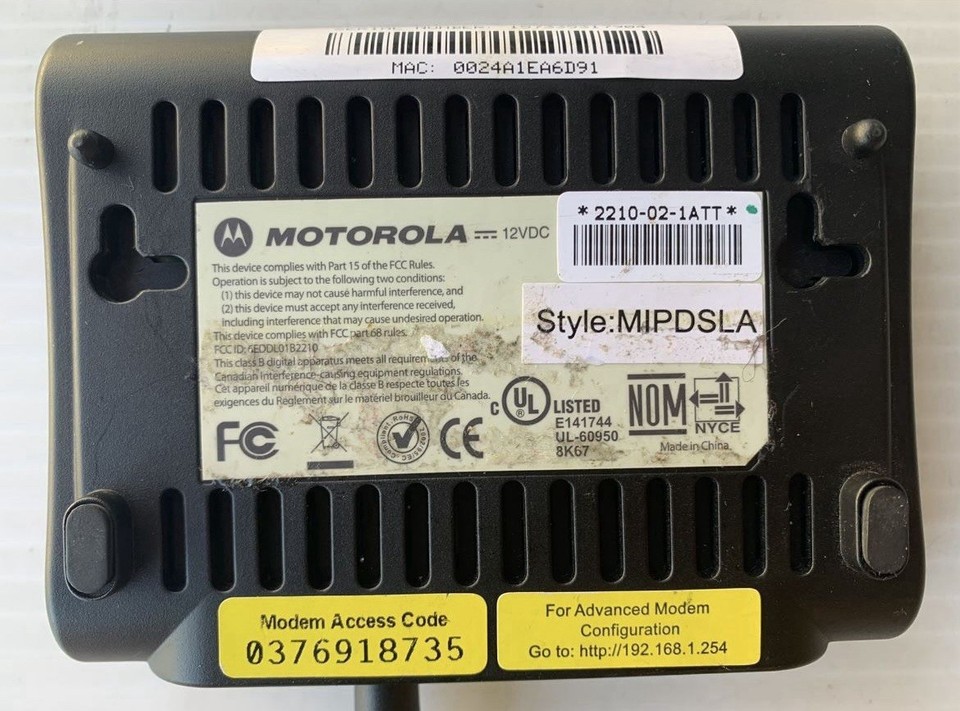 AT&T High Speed Internet Motorola DSL Modem 2210-02-1ATT Style MIPDSLA ...