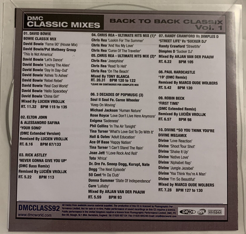 DMC Classic Mixes - Back To Back Classix Vol. 1 (CLASS92) - CD For DJ ...