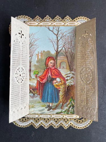 VICTORIAN GREETING CARD RED RIDING HOOD WITH WOLF GOLD DOORS BORDER ...