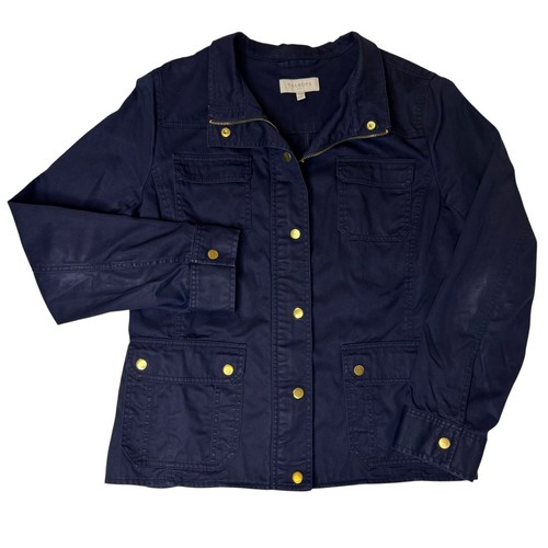 Talbots Navy Blue Utility Jacket Gold Buttons Khaki Coat Zip Front ...
