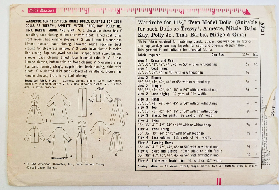 VTG 60s Simplicity Sew Pattern 5731 Barbie Fashion Clothes for 11 1/2 ...