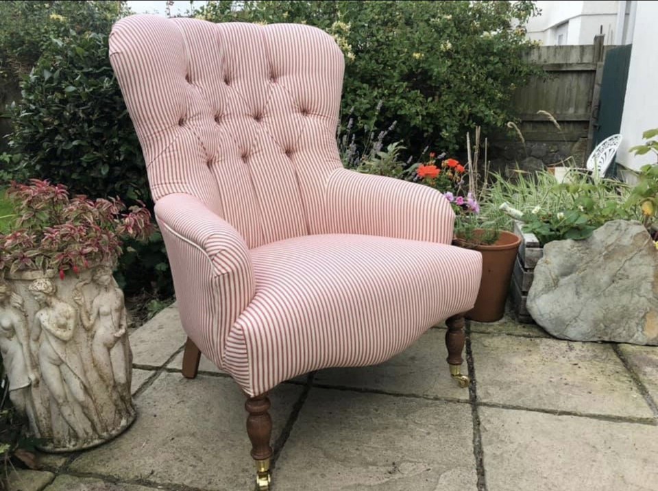 Pair Of Stunning Bampton Chairs In Light Red Ticking Canvas Fabric Hand ...
