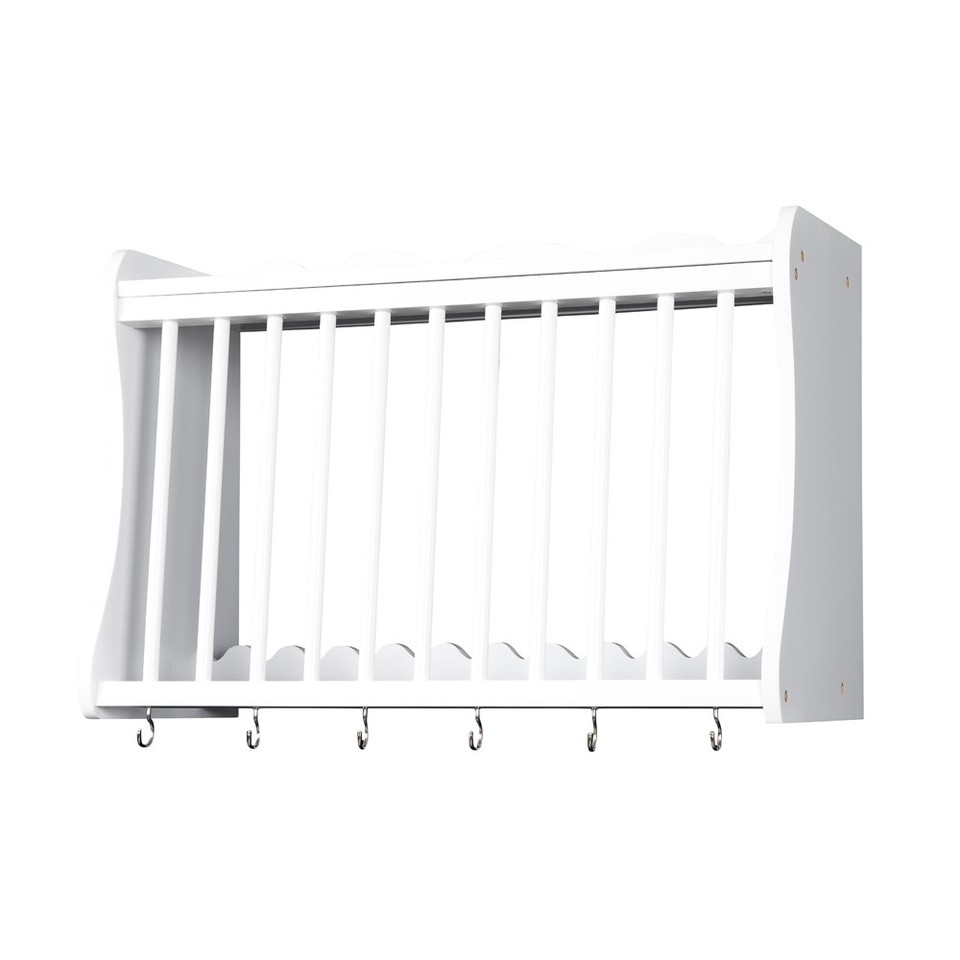 Minack Kitchen Plate Rack with hooks, White Wood, Wall-mounted or ...