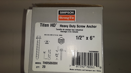 New Box of 20 Simpson THD50600H 1/2" x 6" Titen HD Heavy Duty Screw ...
