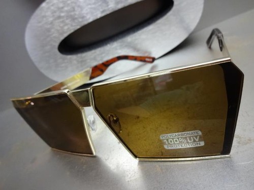 OVERSIZED CLASSIC VINTAGE RETRO SHIELD Style SUN GLASSES Gold Frame ...